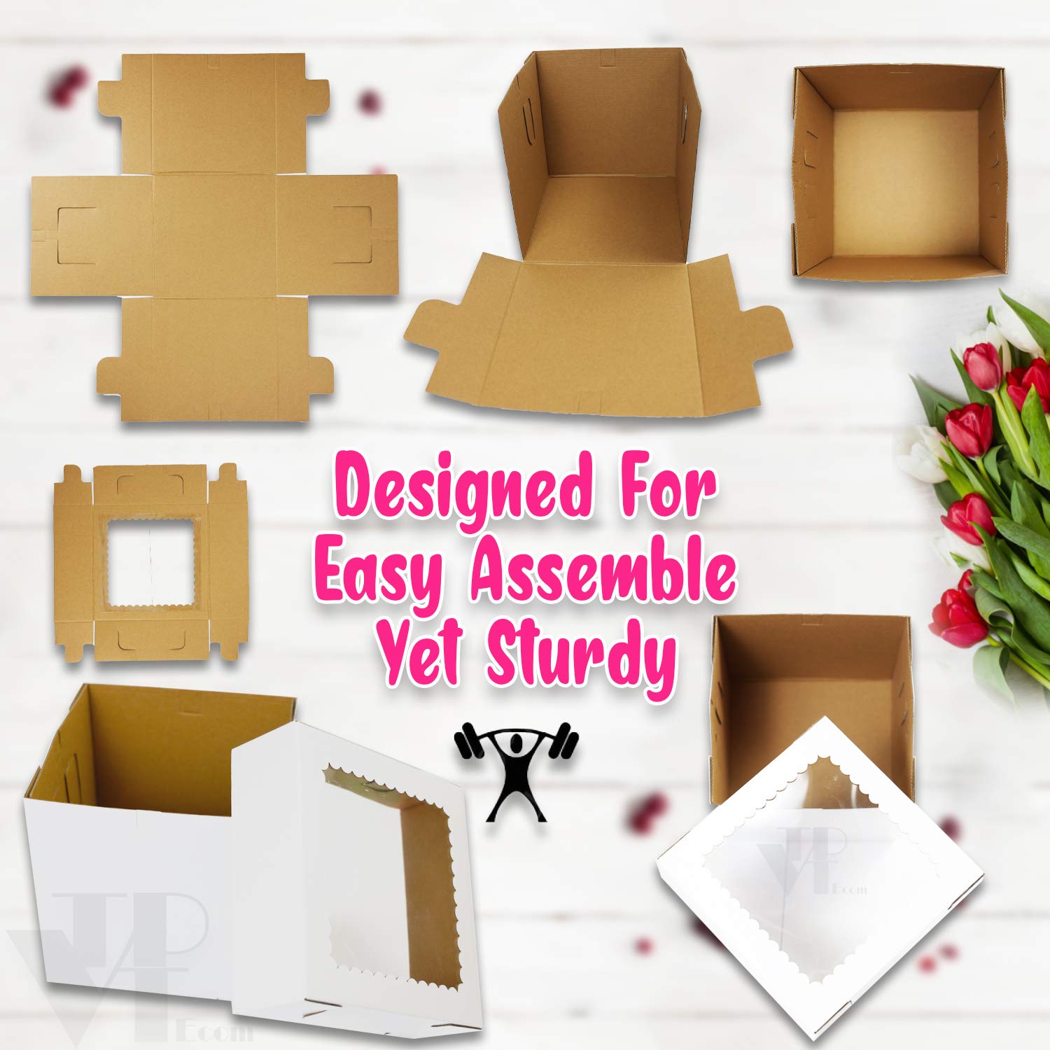 VTPT Ecom - 12 Pcs Tall Cake Boxes with Window in 6 Sizes + 15 Thank You Stickers 12x12 10x10 8x8, Bakery Boxes disposable carrier take out container, In 12 10 8 inch 2 3 tier wedding birthday
