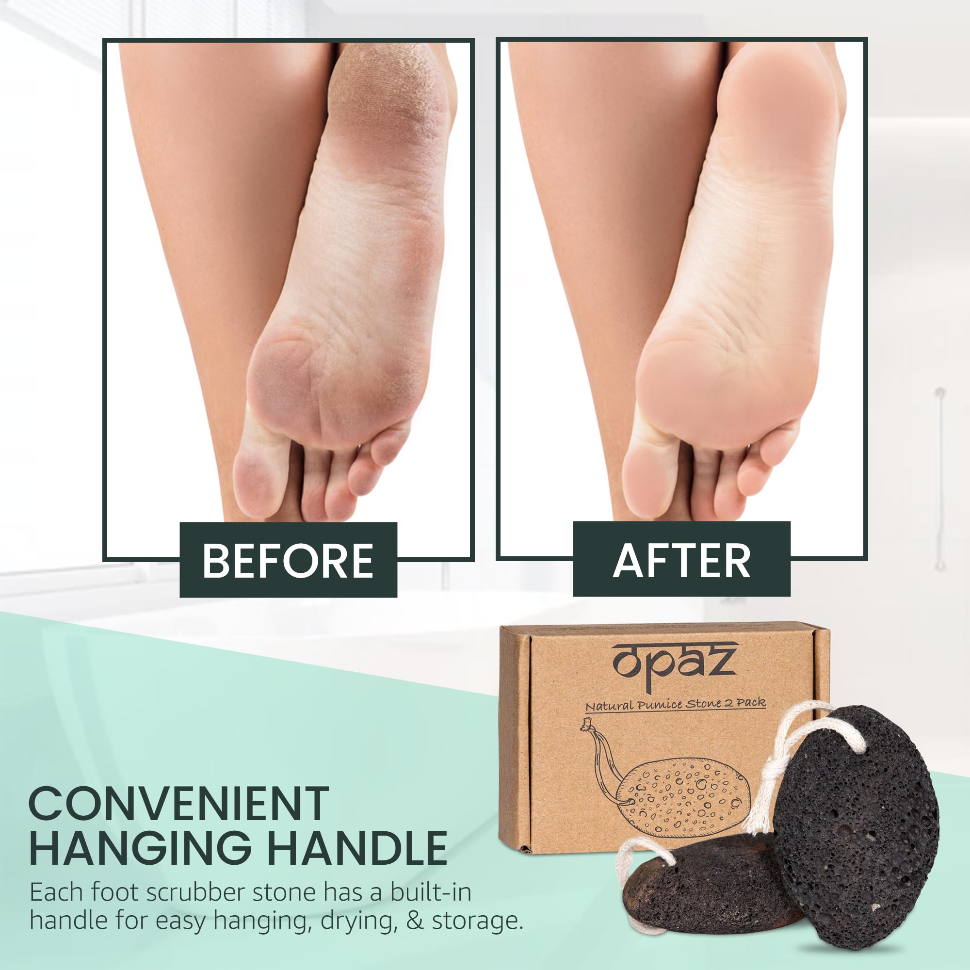 OPAZ Natural Pumice Stone for Feet Pack of 2, Earth Lava Stone Scrubber & Dead Skin Remover, Pedicure kit with Handle