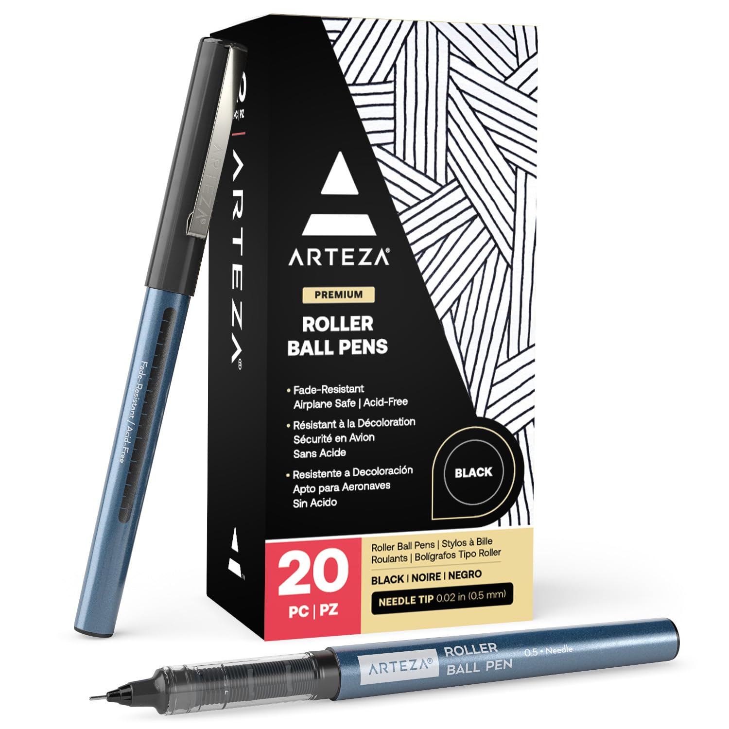 ARTEZA Rollerball Pens Fine Point, Set of 20 Black Liquid Ink, Extra Fine 0.5 mm Needle Tip Pen, Make Precise Lines