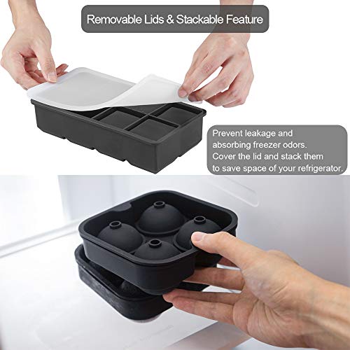 CHIYAN Ice Cube Trays Silicone Mold - Easy Release Ice Cube Molds Sphere Ice Ball Maker with Removable Lid and Large Square Ice Molds Reusable and BPA Free for Whiskey and Cocktails, Set of 3, Black