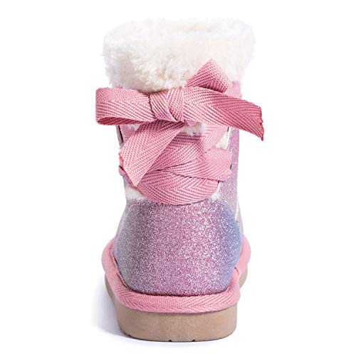 KRABOR Girls Glitter Snow Boots Cotton Lining Warm Winter Non~Slip Shoes with Cute Bow for Toddlers/Little Kid (Pink Size 1).