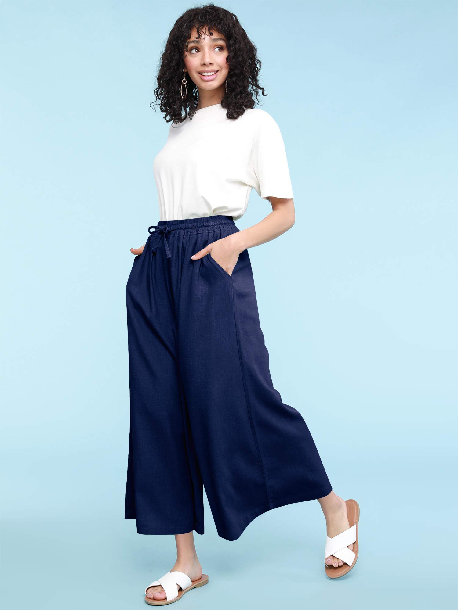 LL Womens Washed Linen Casual Loose Wide Leg Pants Pocket Pant with Draw String XL Navy
