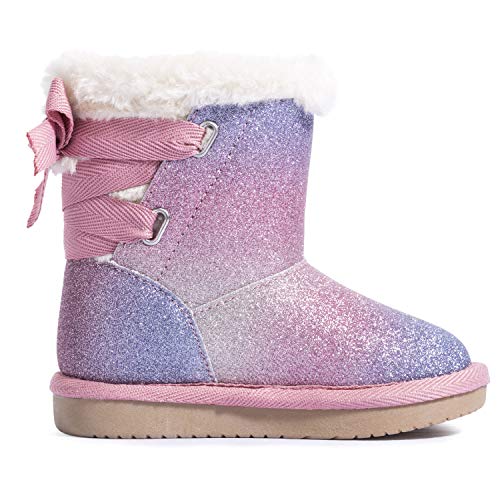 KRABOR Girls Glitter Snow Boots Cotton Lining Warm Winter Non~Slip Shoes with Cute Bow for Toddlers/Little Kid (Pink Size 1).