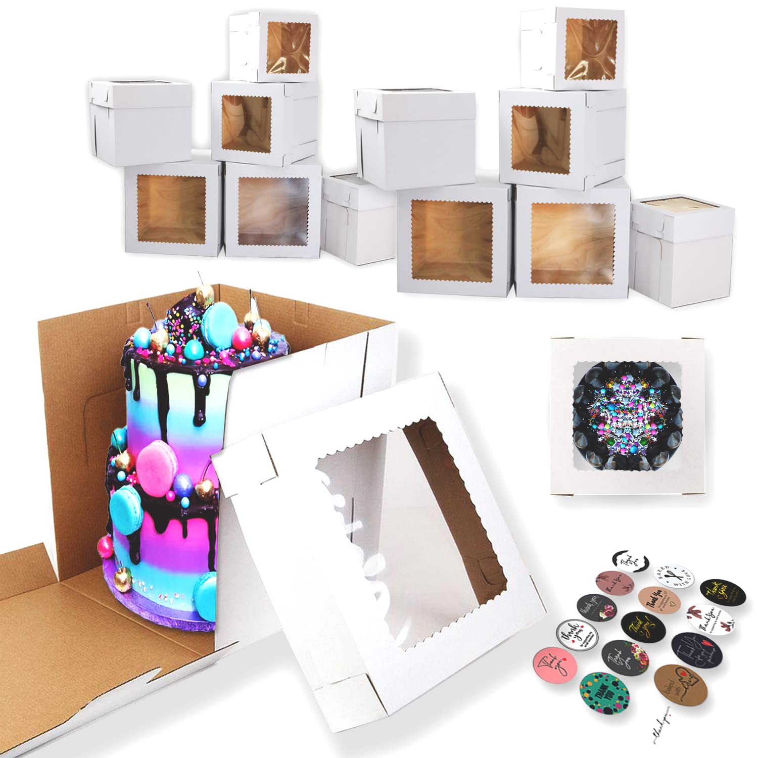 VTPT Ecom - 12 Pcs Tall Cake Boxes with Window in 6 Sizes + 15 Thank You Stickers 12x12 10x10 8x8, Bakery Boxes disposable carrier take out container, In 12 10 8 inch 2 3 tier wedding birthday