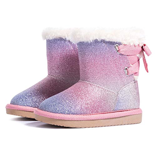 KRABOR Girls Glitter Snow Boots Cotton Lining Warm Winter Non~Slip Shoes with Cute Bow for Toddlers/Little Kid (Pink Size 1).