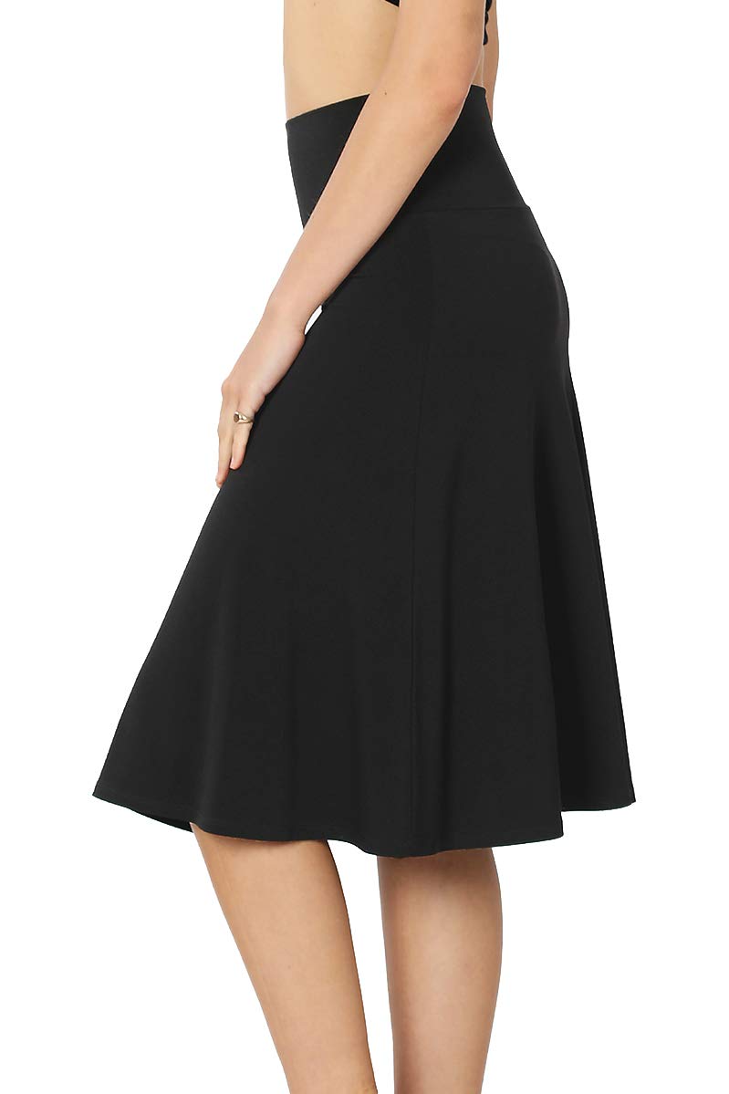 ShezPretty Women's Fold Over Waist Band A-Line Flared Midi Skirt (Large, Black)