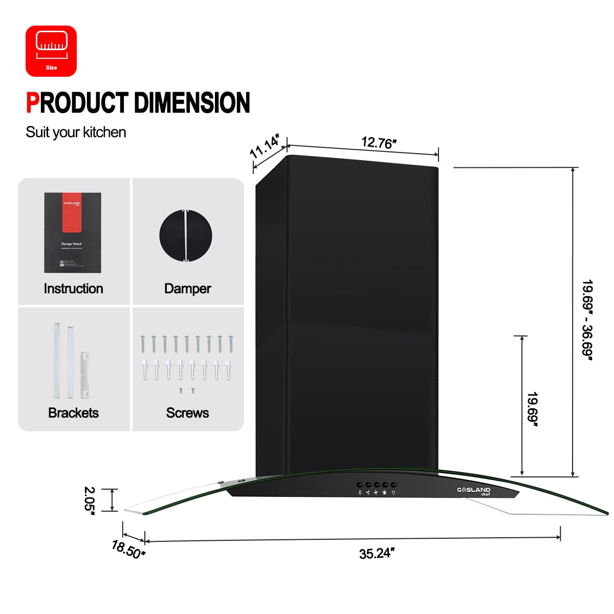 36" Range Hood, GASLAND Chef GR36BP Curved Glass Wall Mount Range Hood Black, 3 Speed 450 CFM Ducted Kitchen Hood with LED Lights, Push Button Control, Convertible Chimney, Aluminum Filter