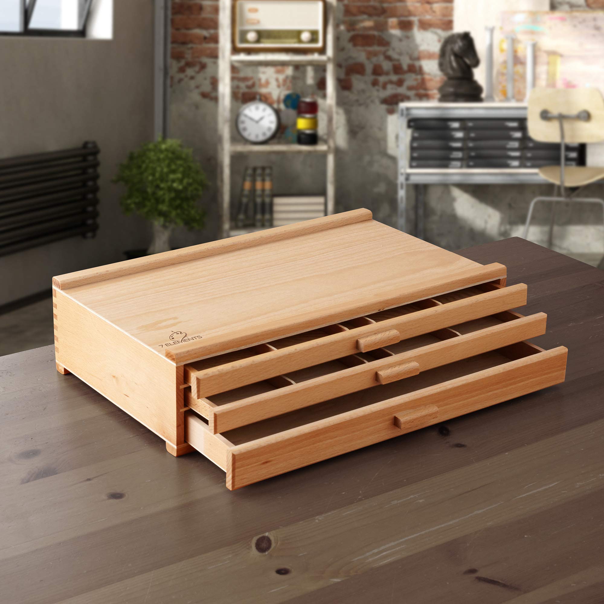 7 Elements 3 Drawer Wooden Artist Storage Supply Box for Pastels, Pencils, Pens, Markers, Brushes and Tools