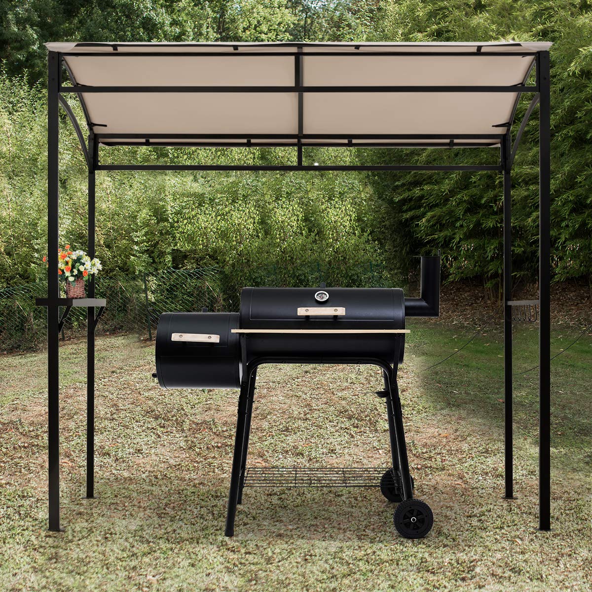 Giantex 7x4.4ft Grill Gazebo, Patio Outdoor Backyard BBQ Canopy Shelter, Soft Top, Heavy-Duty Steel Construction, Storage Shelf, Hanging Hooks, Bear Opening Setting, Anchor Kit (Beige)
