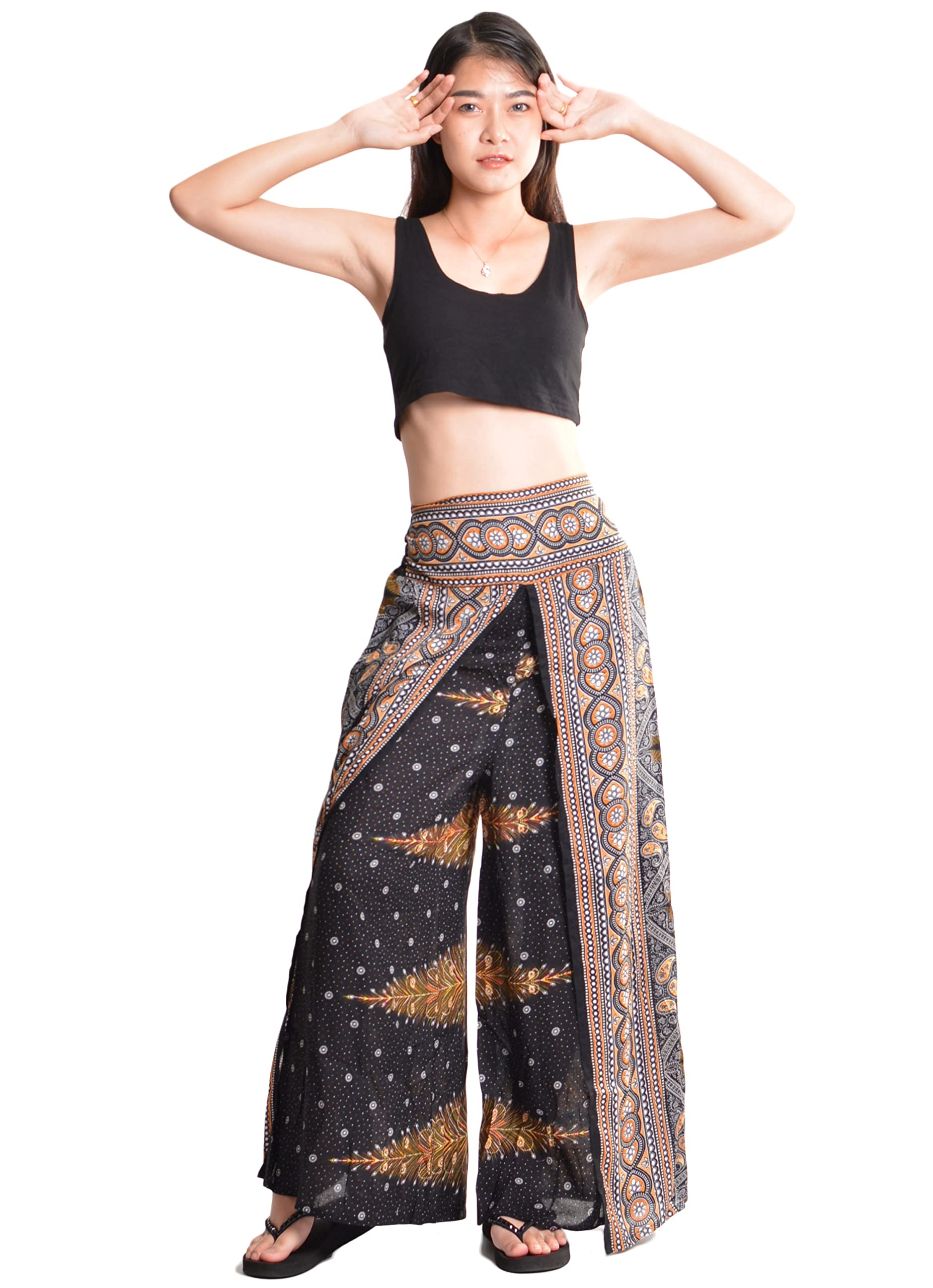 Orient Trail Womens Palazzo Wide Leg Slit Split Leg Yoga Wrap Pants Casual Beach Boho Hippie Bohimian Pilate Flowy Pilates Medium Peacock Black