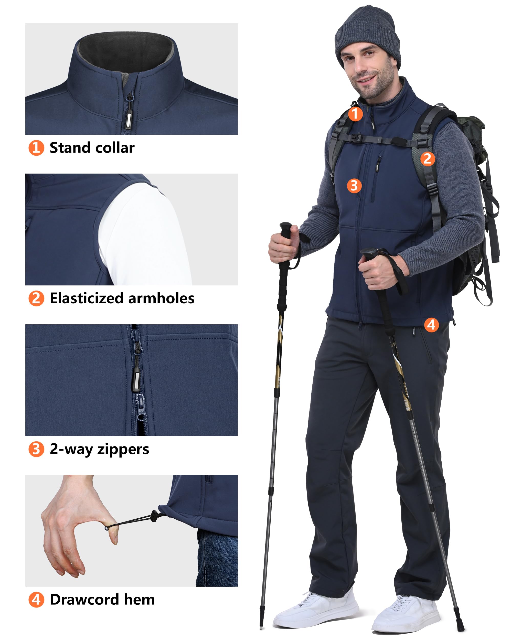 Outdoor Ventures Men's Running Vest Outerwear, Lightweight Windproof Fleece-Lined Softshell Sleeveless Jacket for Golf