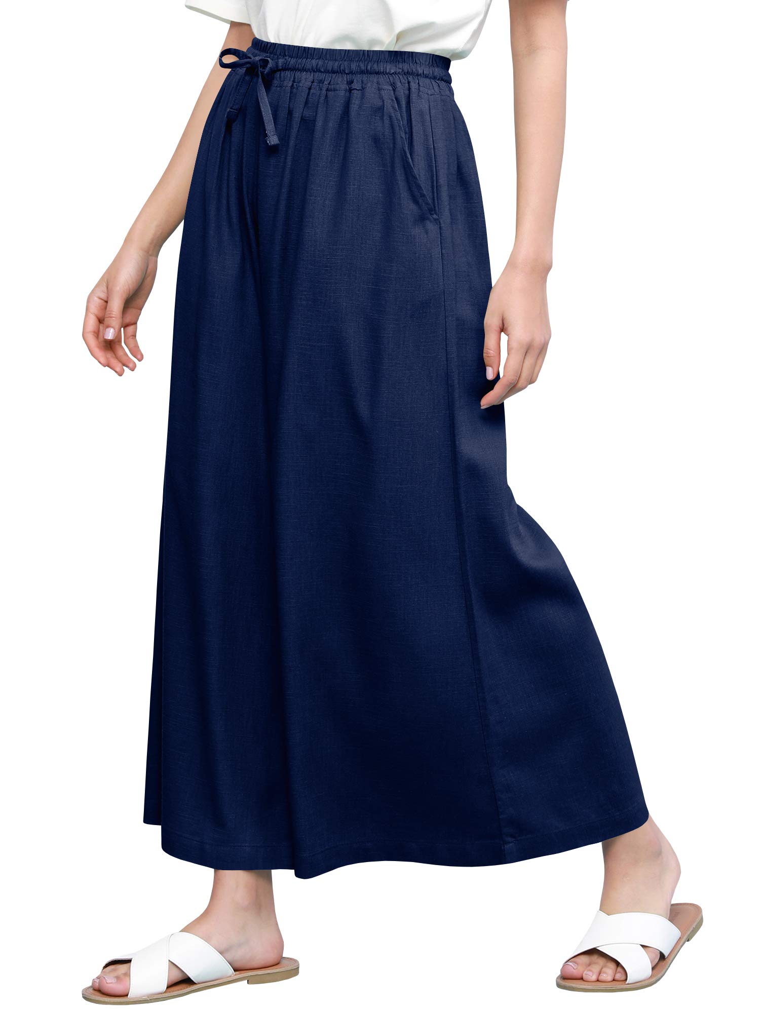 LL Womens Washed Linen Casual Loose Wide Leg Pants Pocket Pant with Draw String XL Navy