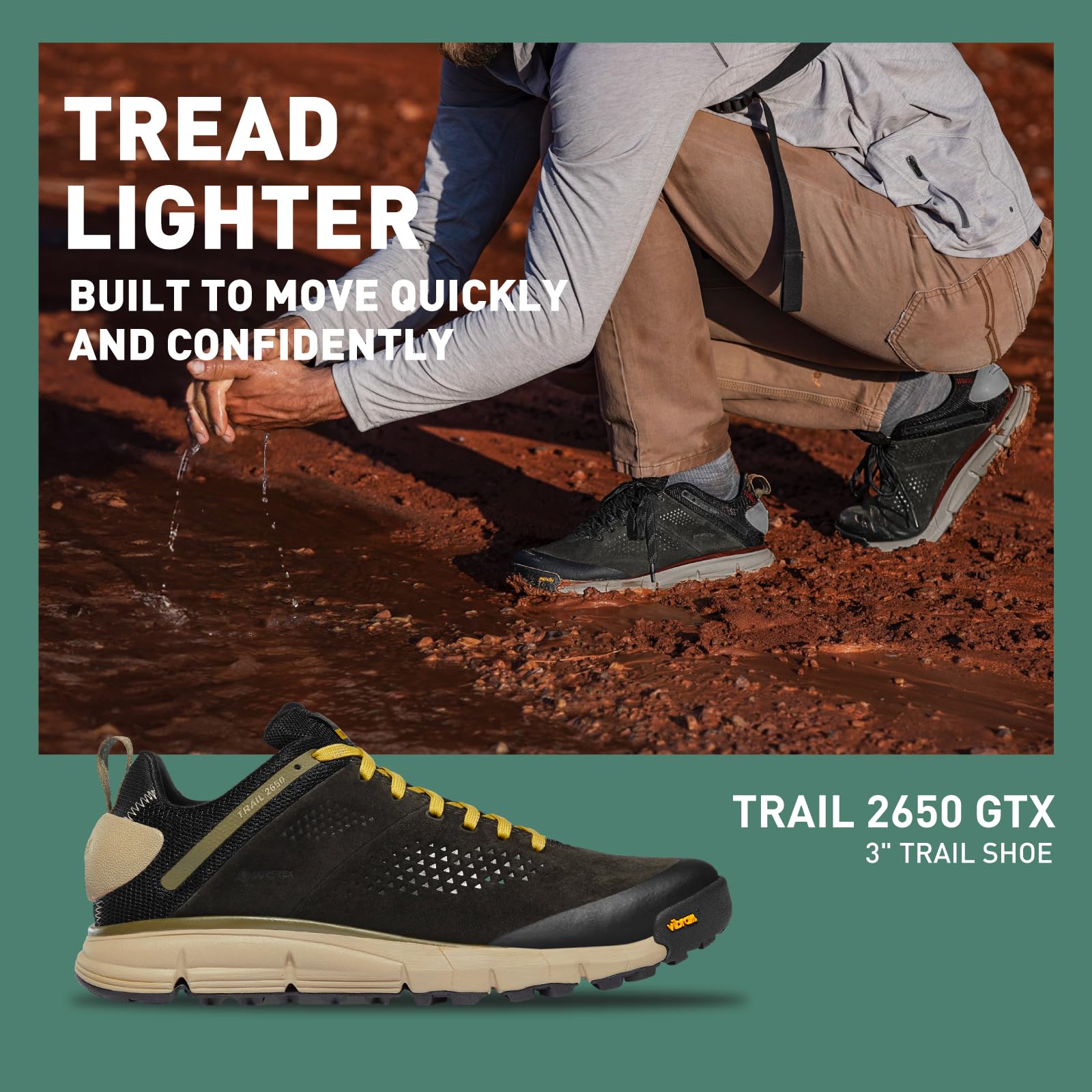 Danner Trail 2650 3” Waterproof Hiking Shoes for Men - Durable Leather & Textile Upper with Breathable Gore-Tex Lining and Vibram Traction Outsole, Black Olive/Flax Yellow - 12 EE