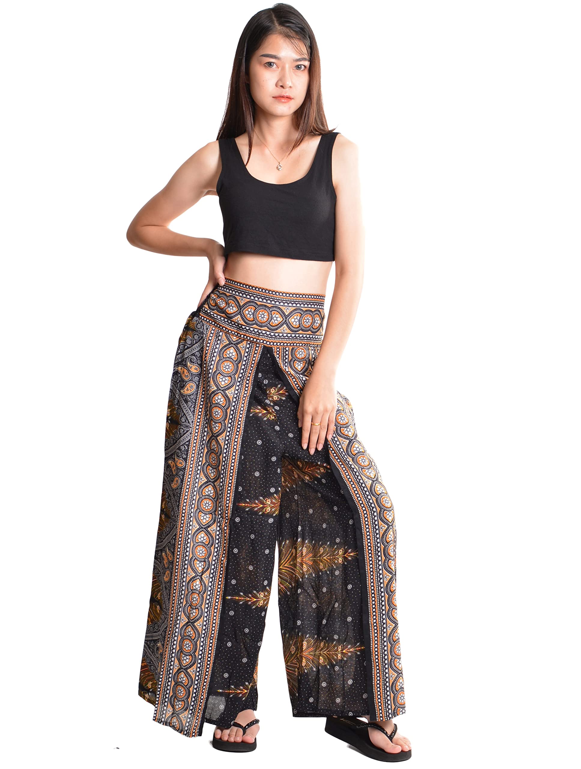 Orient Trail Womens Palazzo Wide Leg Slit Split Leg Yoga Wrap Pants Casual Beach Boho Hippie Bohimian Pilate Flowy Pilates Medium Peacock Black