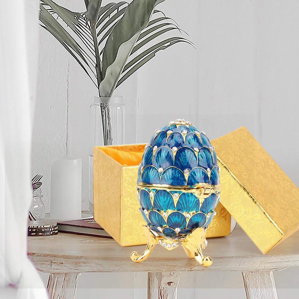 GLOGLOW Easter Egg Jewelry Organizer, Egg Shaped Trinket Box Hinged Jewelry Ring Holder Collectible Figurine Boxes (Blue) Jewelry Boxes