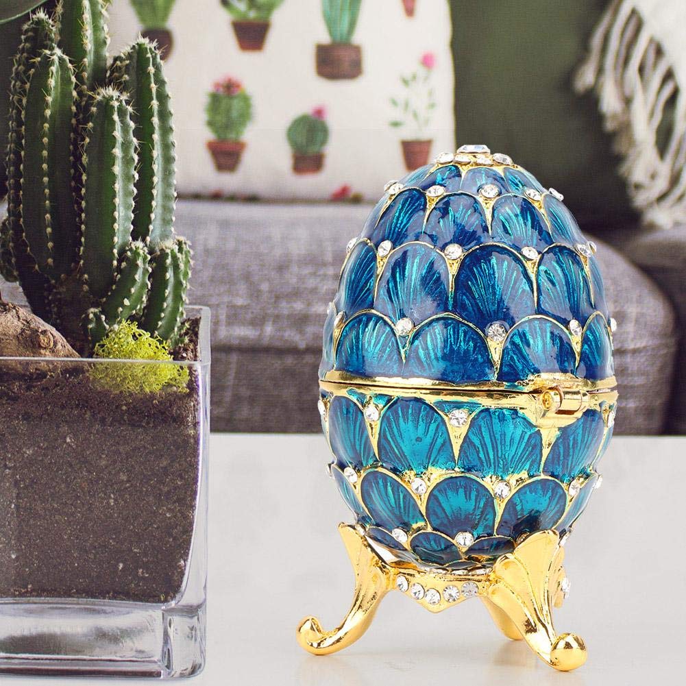 GLOGLOW Easter Egg Jewelry Organizer, Egg Shaped Trinket Box Hinged Jewelry Ring Holder Collectible Figurine Boxes (Blue) Jewelry Boxes