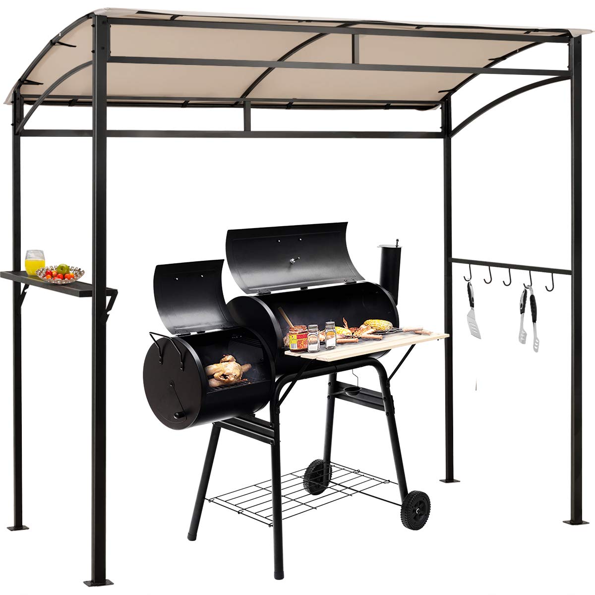 Giantex 7x4.4ft Grill Gazebo, Patio Outdoor Backyard BBQ Canopy Shelter, Soft Top, Heavy-Duty Steel Construction, Storage Shelf, Hanging Hooks, Bear Opening Setting, Anchor Kit (Beige)