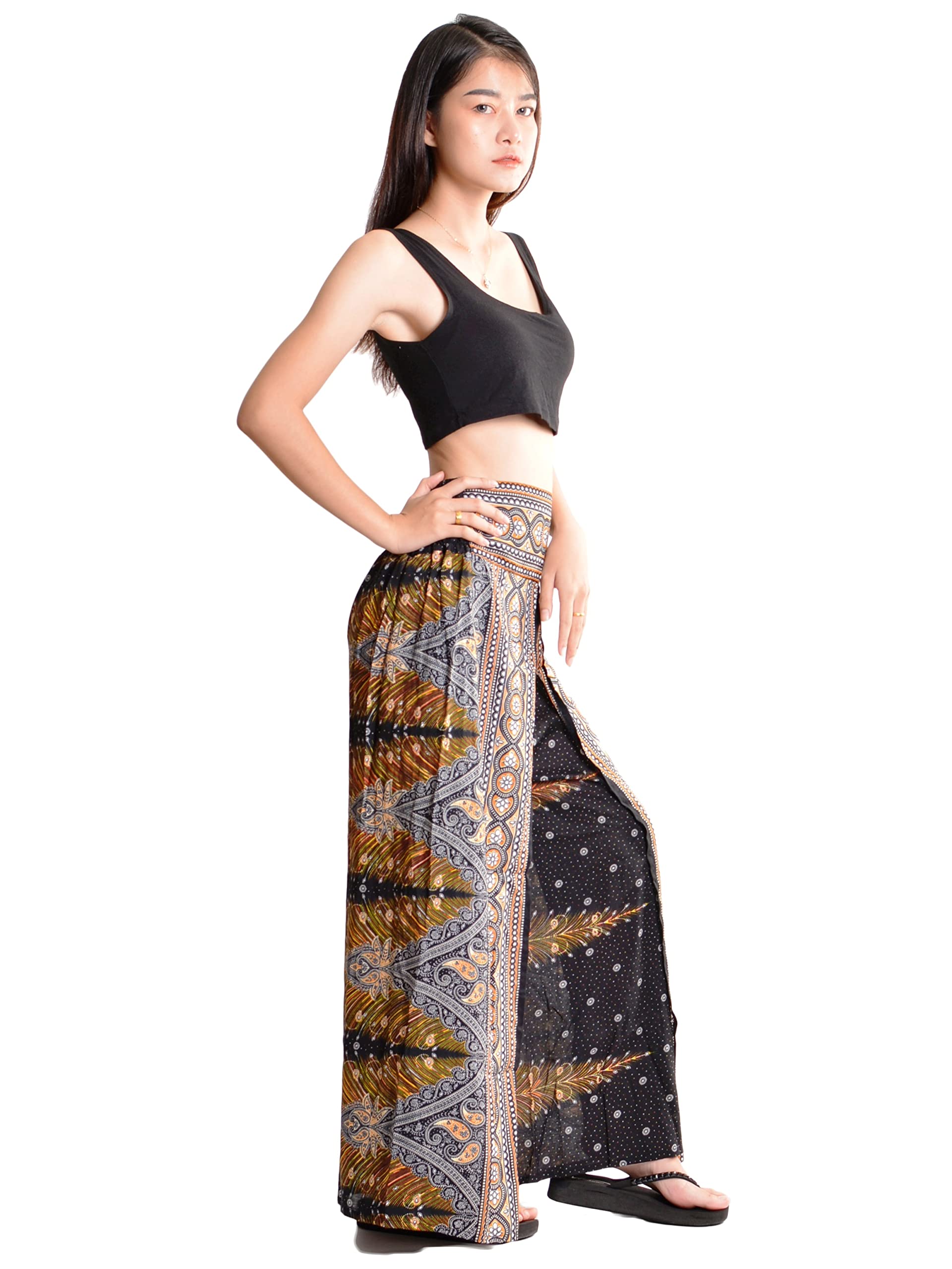 Orient Trail Womens Palazzo Wide Leg Slit Split Leg Yoga Wrap Pants Casual Beach Boho Hippie Bohimian Pilate Flowy Pilates Medium Peacock Black