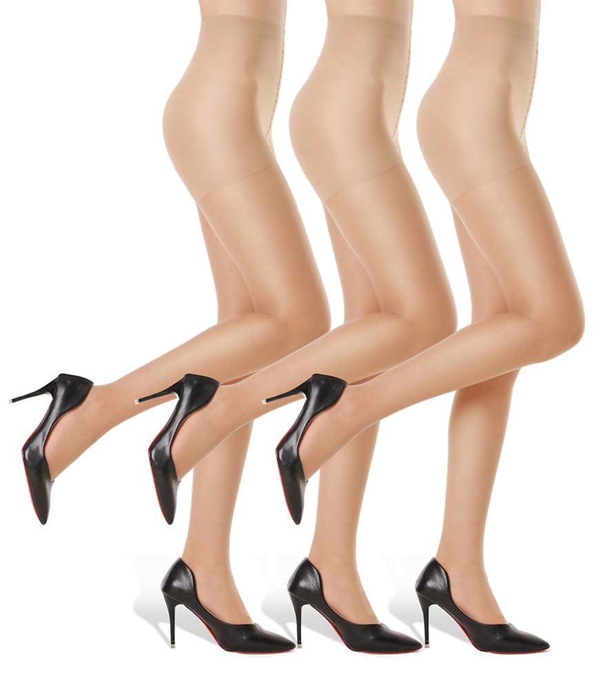 G&Y 3 Pairs Women's Sheer Tights - 20D Control Top Pantyhose with Reinforced Toes(Nude, S)