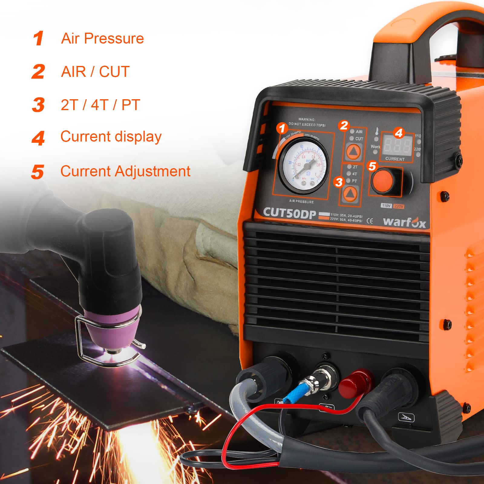Plasma Cutter Pilot Arc,120/240V Dual Voltage Non Touch Plasma Cutting Machine, Max Cutting Thickness 14mm, Clean Cutting Thickness 10mm in 65PSI