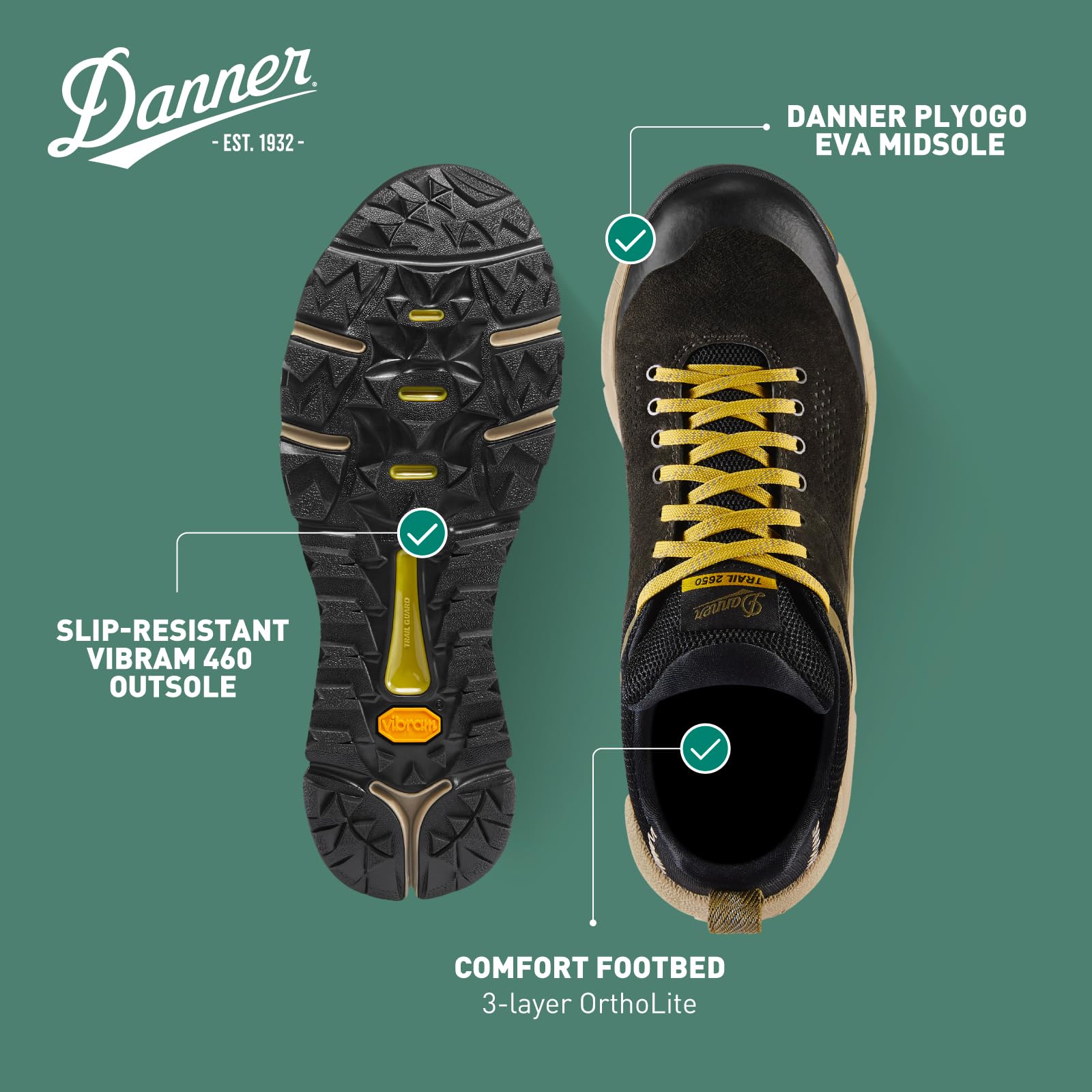 Danner Trail 2650 3” Waterproof Hiking Shoes for Men - Durable Leather & Textile Upper with Breathable Gore-Tex Lining and Vibram Traction Outsole, Black Olive/Flax Yellow - 12 EE