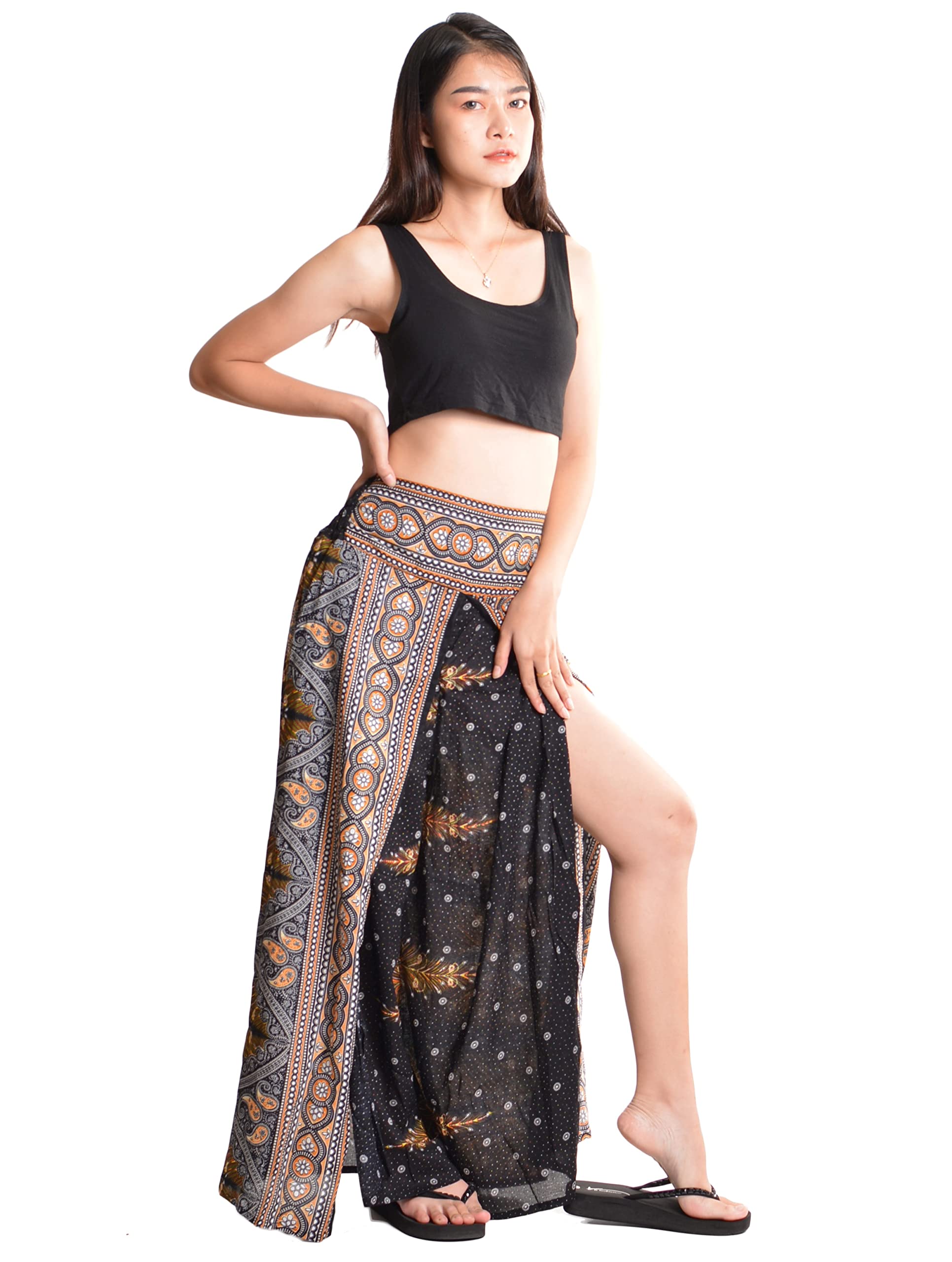 Orient Trail Womens Palazzo Wide Leg Slit Split Leg Yoga Wrap Pants Casual Beach Boho Hippie Bohimian Pilate Flowy Pilates Medium Peacock Black