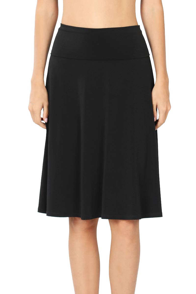 ShezPretty Women's Fold Over Waist Band A-Line Flared Midi Skirt (Large, Black)