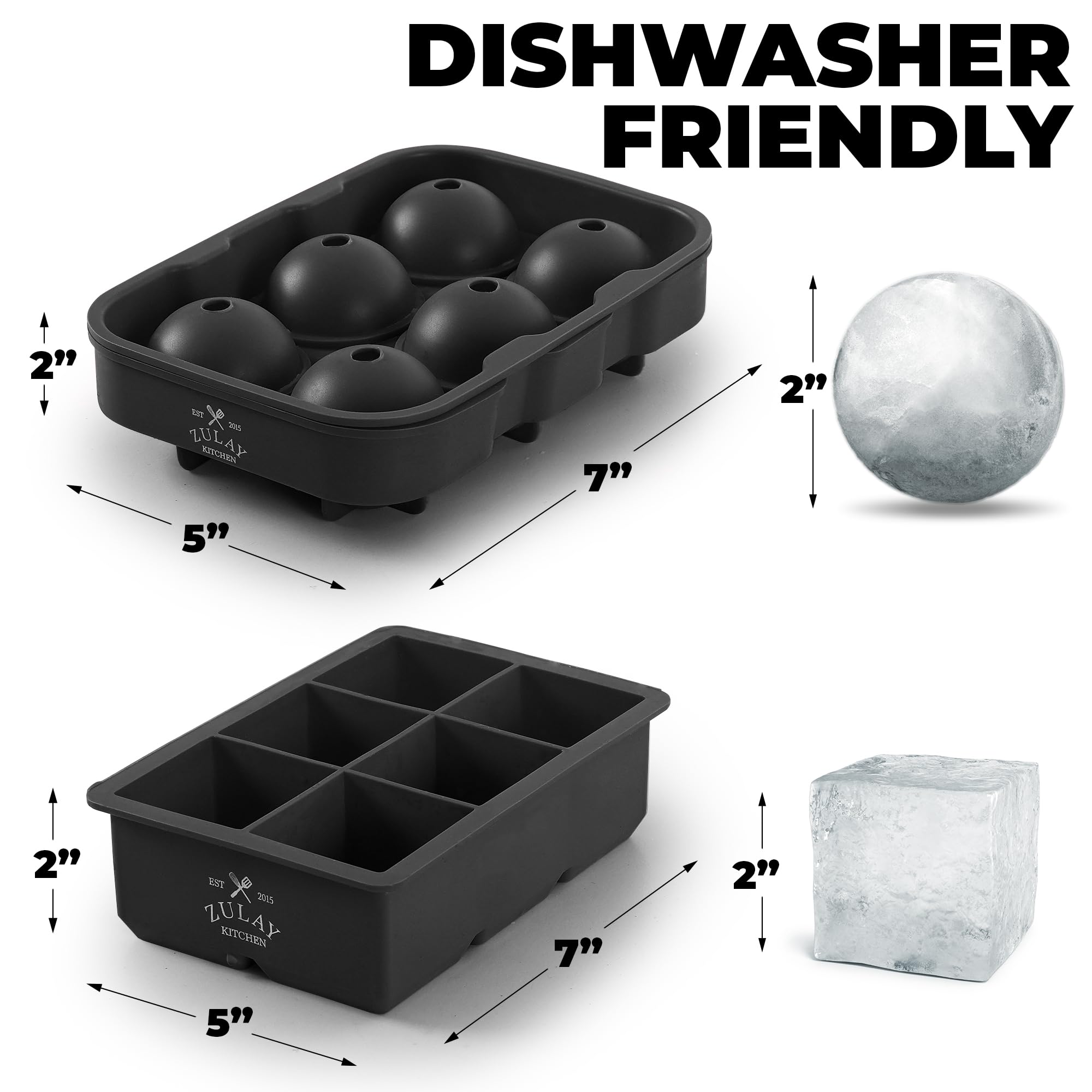 Zulay Kitchen Silicone Ice Cube Trays Set of 2 - Large Square Ice Cube Molds and Sphere Ice Ball Maker with Lid - Reusable Ice Mold For Whiskey, Cocktails, Bourbon (Black)