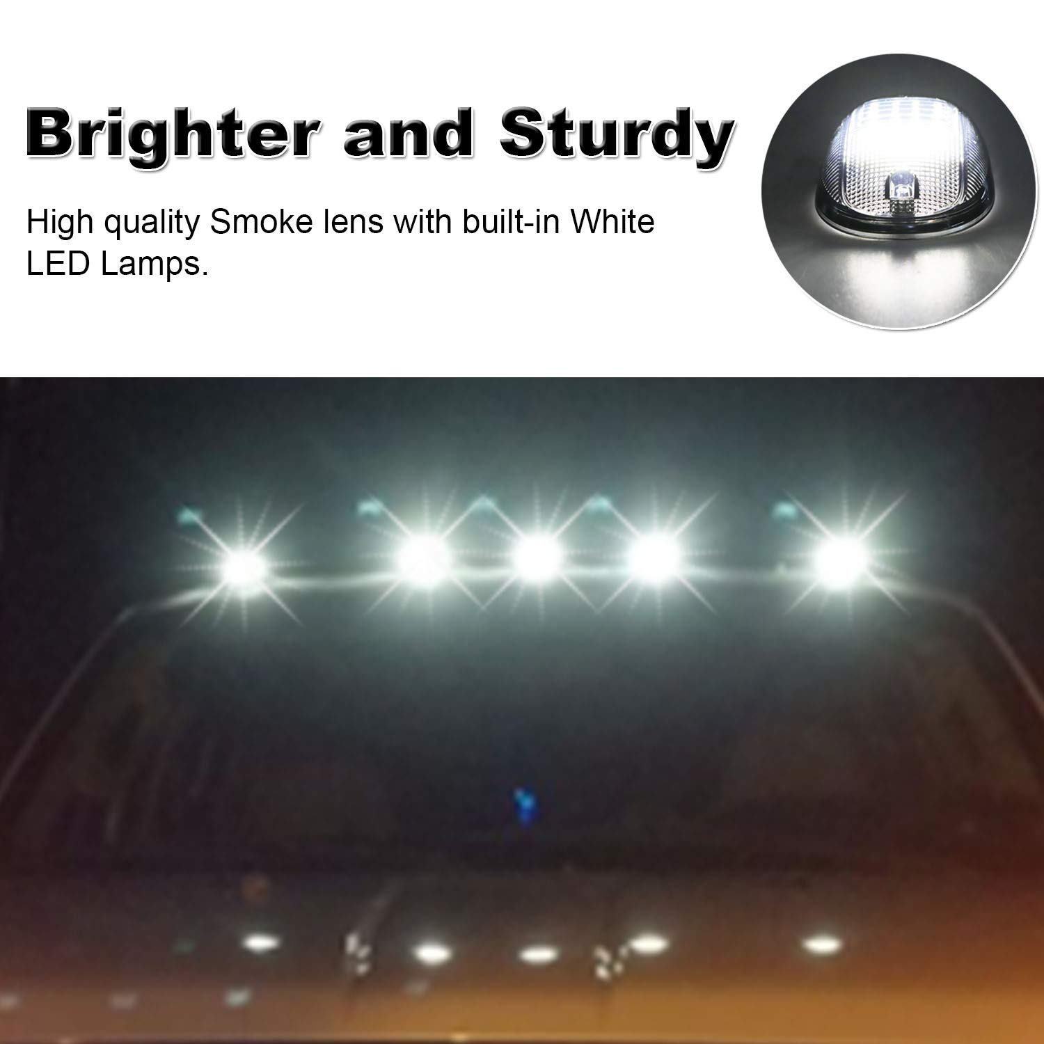 Tresound LED Cab Roof Marker Lights for 03-16 Dodge Ram 1500 2500 3500 with 5 in 1 Wire Harness (Smoked Lens with 16 White LEDs)