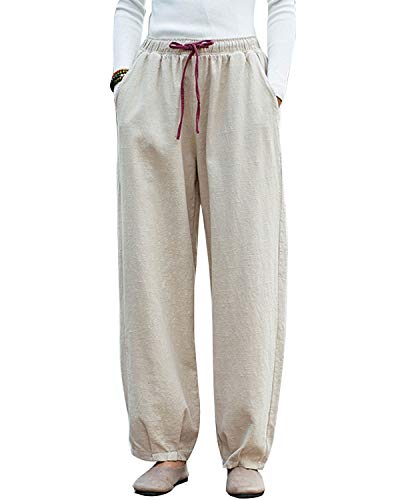 Safeeye Women's Loose Linen Pants Casual Wide Leg Drawstring Striaght Fit Trousers Beige XXL
