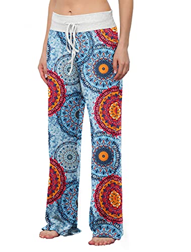LONGYUAN Women High Waisted Cotton Pajama Pants Drawstring Palazzo Lounge Wide Leg All Season 3X-Large Fl Mix Blue