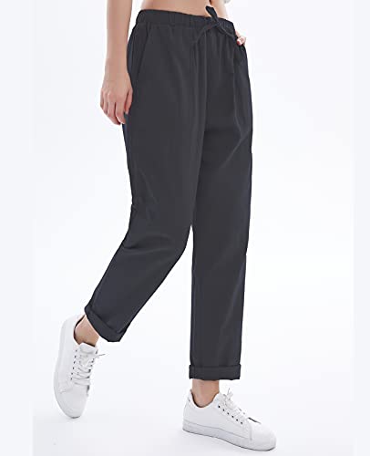 Lisskolo Women's Drawstring Linen Pants Women Cotton Elastic Waist Wide Leg Cropped Pant X-Large Black