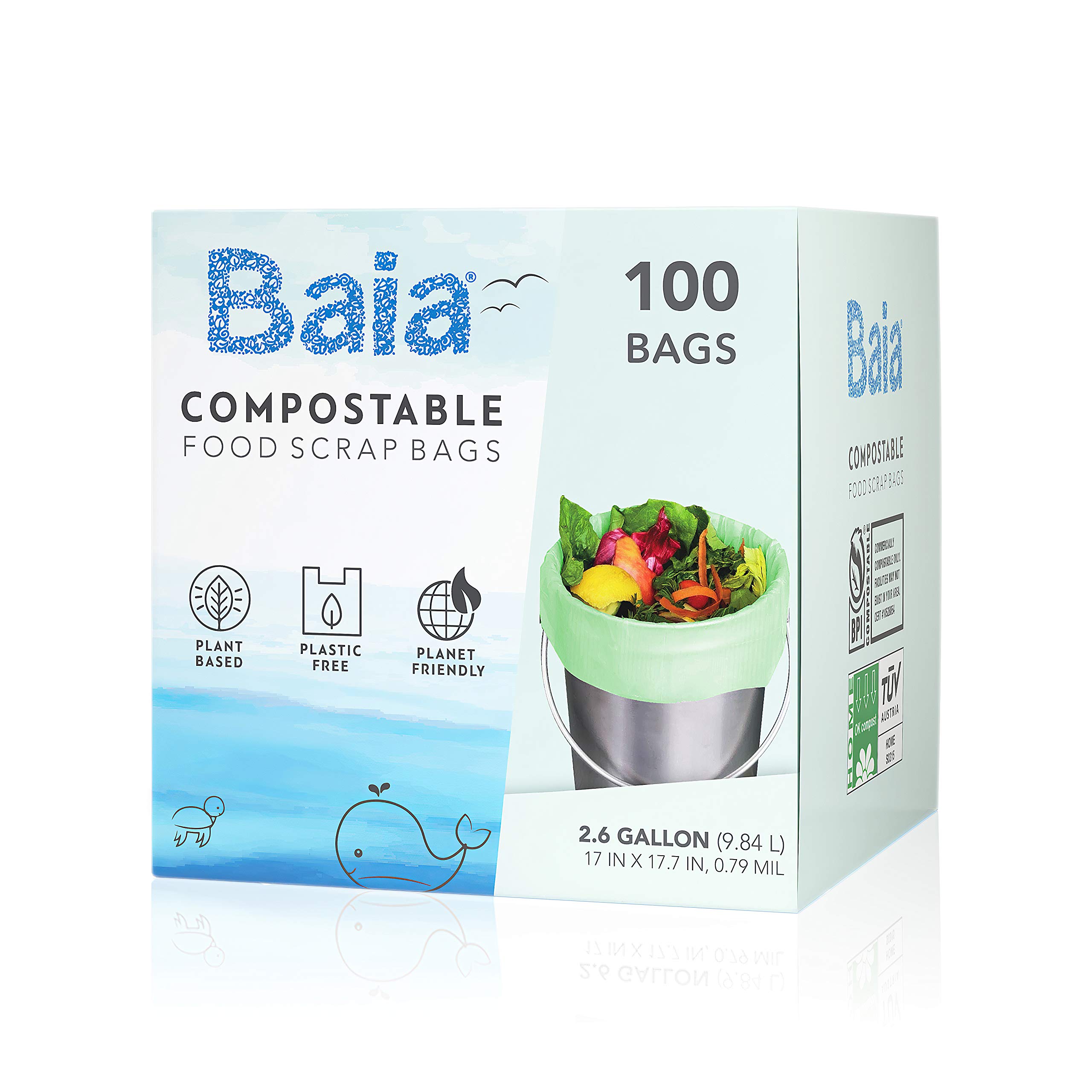 Baia Compostable Food Scrap Bags, ASTM D6400 BPI, 2.6-3 Gallon, Extra Thick 0.79 Mils, Small, Kitchen Waste Trash, Countertop Compost Bin Liners (100 Ct)
