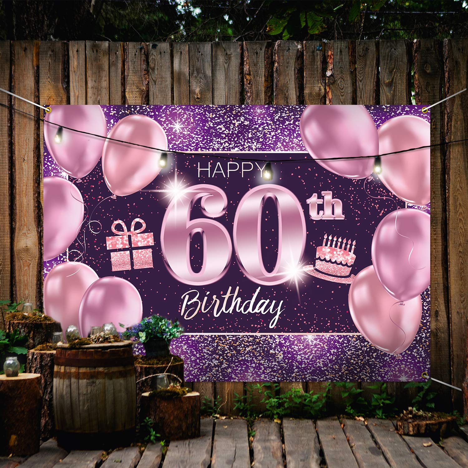 PAKBOOM Happy 60th Birthday Banner Backdrop - 60 Birthday Party Decorations Supplies for Women - Pink Purple Gold 4 x 6ft