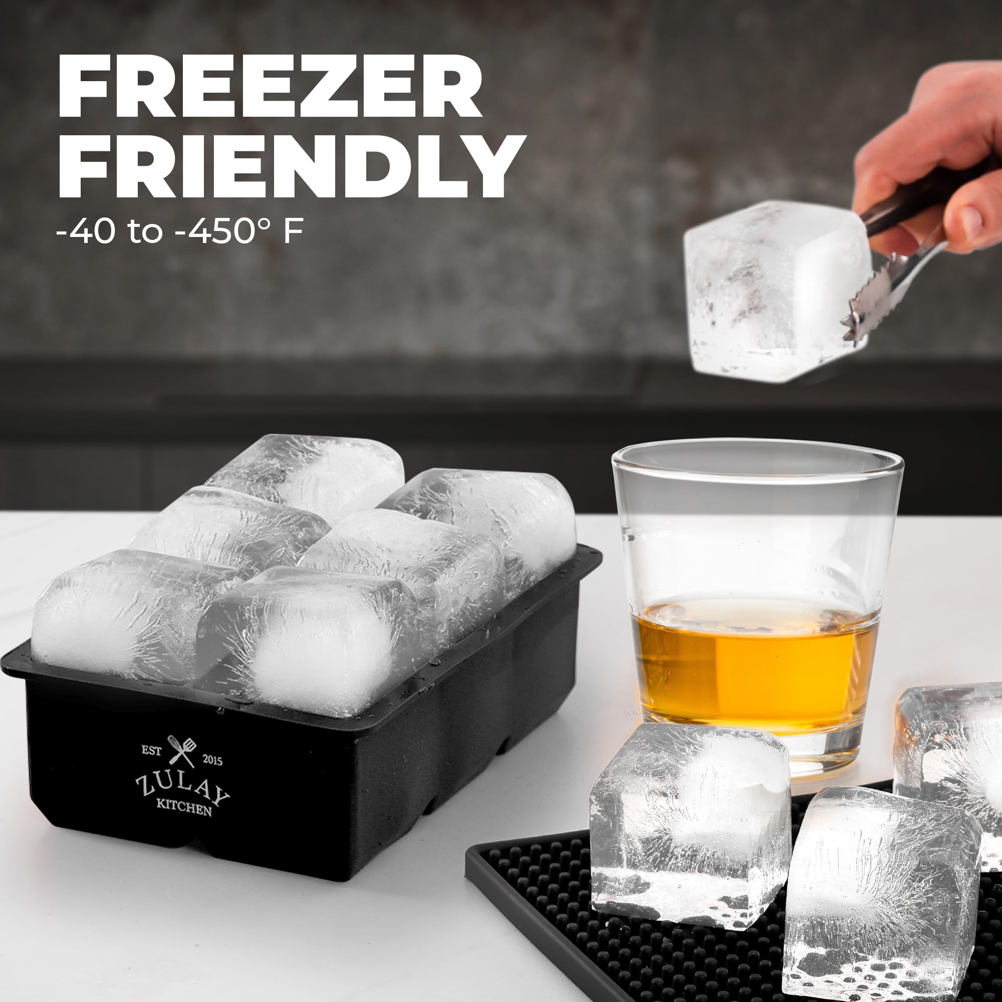 Zulay Kitchen Silicone Ice Cube Trays Set of 2 - Large Square Ice Cube Molds and Sphere Ice Ball Maker with Lid - Reusable Ice Mold For Whiskey, Cocktails, Bourbon (Black)