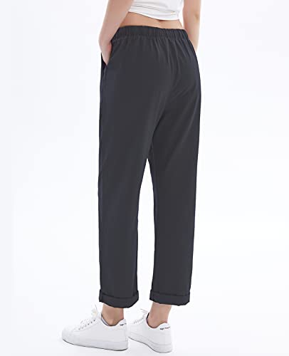Lisskolo Women's Drawstring Linen Pants Women Cotton Elastic Waist Wide Leg Cropped Pant X-Large Black