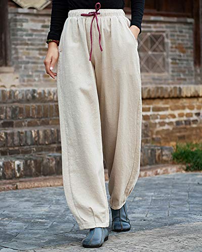 Safeeye Women's Loose Linen Pants Casual Wide Leg Drawstring Striaght Fit Trousers Beige XXL