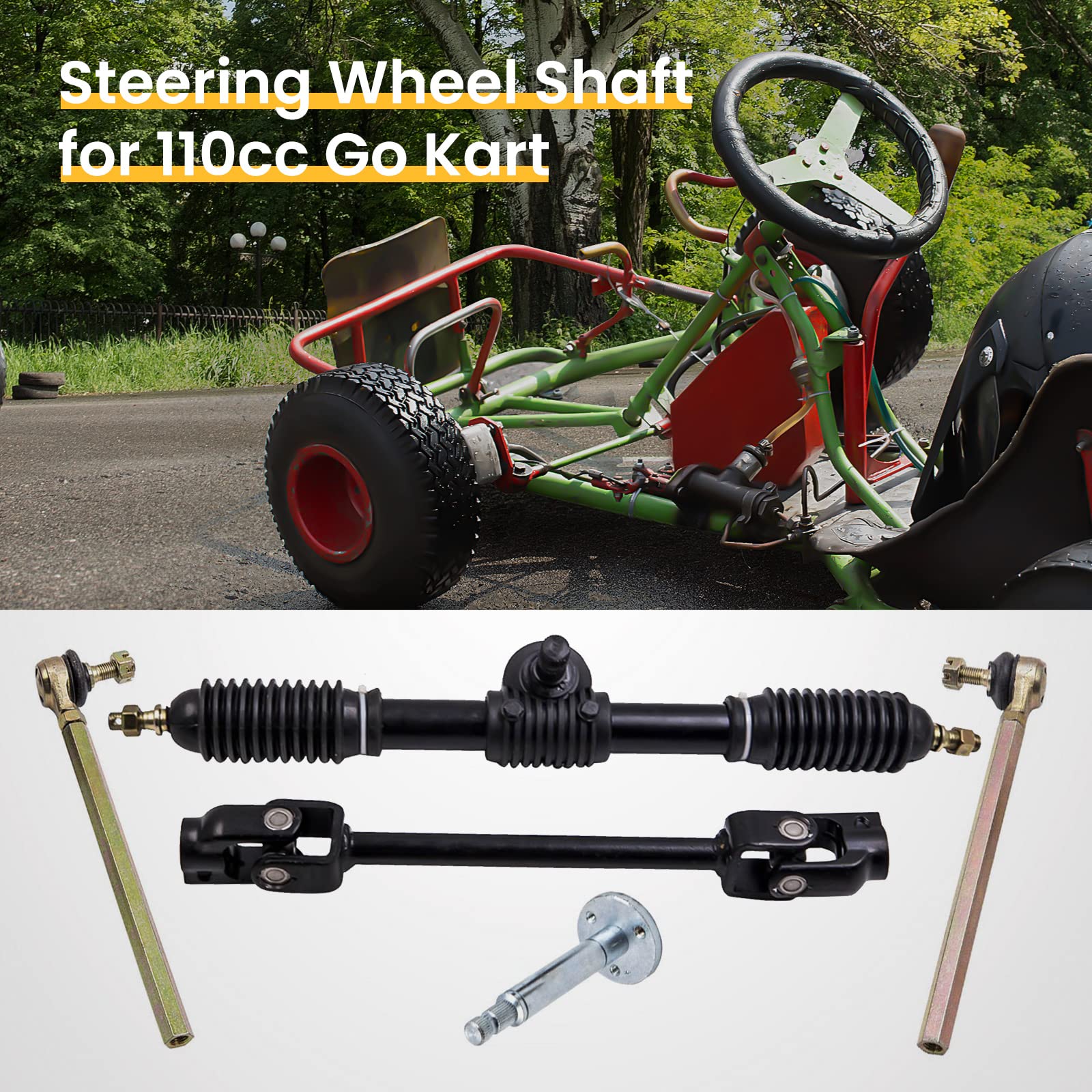 Tuningsworld Go-Kart Steering Wheel Kit, Adjustable Shaft Gear Rack Pinion Tie Rod Rack Steering Wheel Parts Assembly for 110CC Go Kart