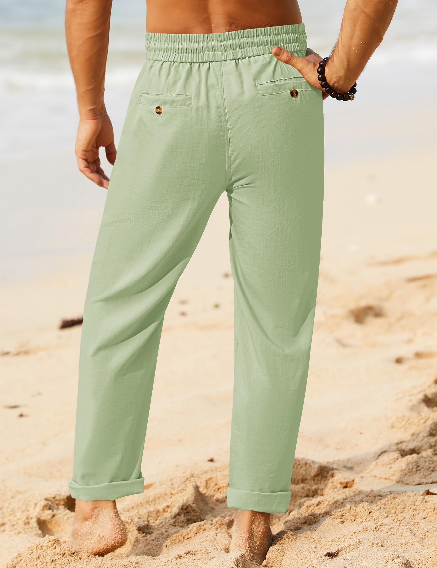 iWoo Mens Lounge Pants Lightweight Baggy Linen Pants Elastic Waistband 2XL Green
