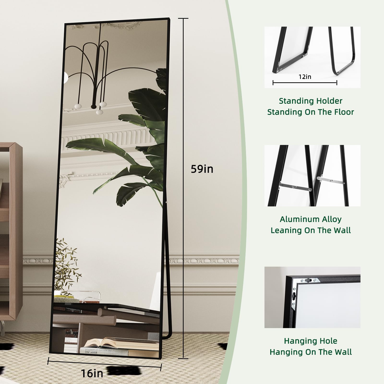 Beauty4U 59" x 16" Tall Full Length Mirror with Stand, Black Wall Mounting Full Body Mirror, Metal Frame Full-Length Tempered Mirror for Living Room, Bedroom