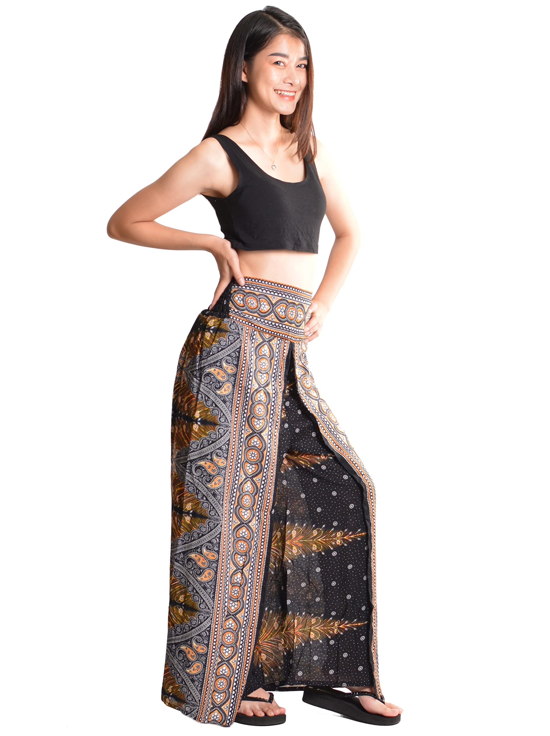 Orient Trail Womens Palazzo Wide Leg Slit Split Leg Yoga Wrap Pants Casual Beach Boho Hippie Bohimian Pilate Flowy Pilates Medium Peacock Black