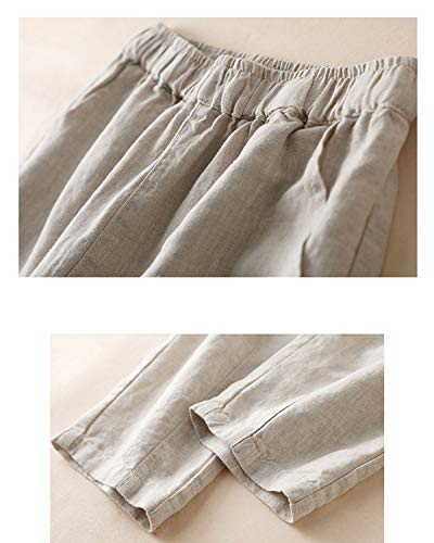 IXIMO Women's 100% Linen Capris Elastic Waist Tapered Cropped Pants with Pockets Beige S