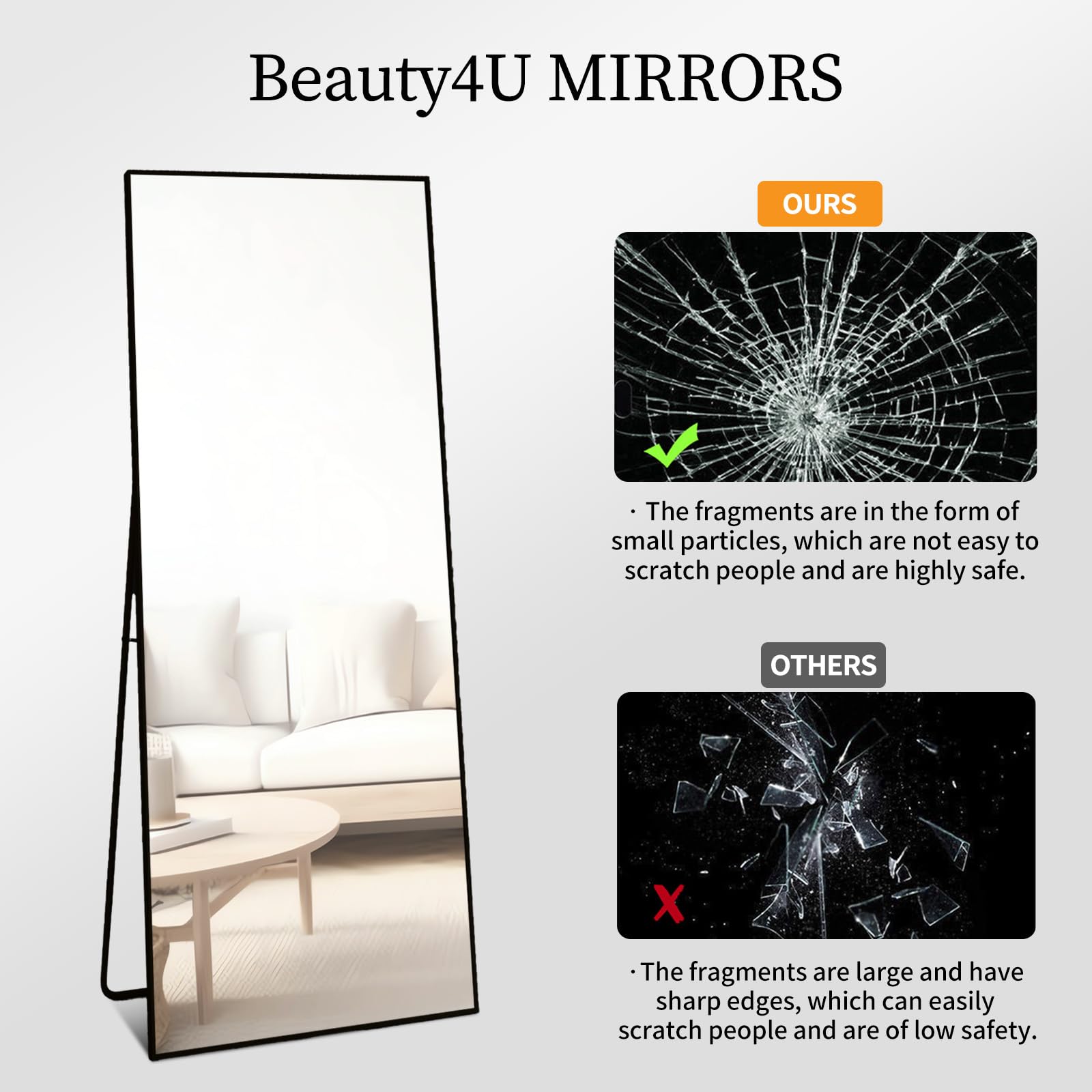 Beauty4U 59" x 16" Tall Full Length Mirror with Stand, Black Wall Mounting Full Body Mirror, Metal Frame Full-Length Tempered Mirror for Living Room, Bedroom