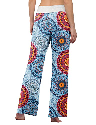 LONGYUAN Women High Waisted Cotton Pajama Pants Drawstring Palazzo Lounge Wide Leg All Season 3X-Large Fl Mix Blue