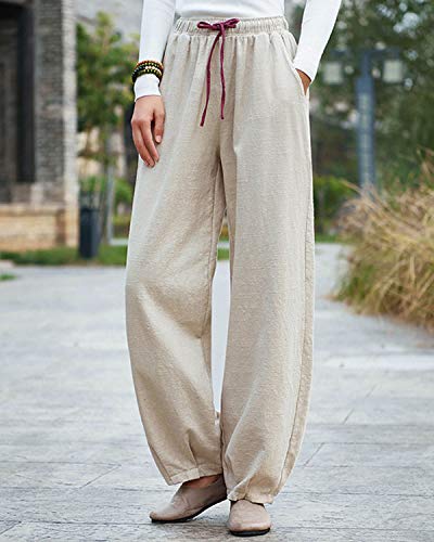 Safeeye Women's Loose Linen Pants Casual Wide Leg Drawstring Striaght Fit Trousers Beige XXL