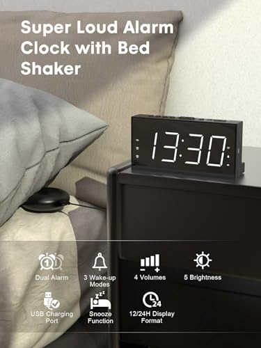 Super Loud Alarm Clock for Heavy Sleepers, Vibrating Alarm Clock for Hearing Impaired Deaf, Teens, Dual Alarm Clock with Bed shaker, Large Display Digital Clock with USB Port, Dimmer, Battery Backup