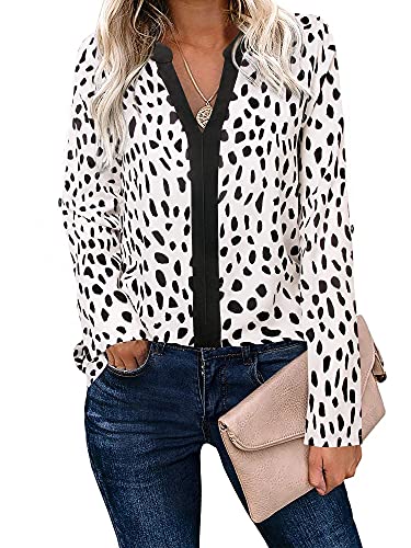 Gaharu Long Sleeve Blouses Women's Fall Tunic Tops Home Wear Henley V Neck Cuffed Sleeve Contrast Color Leopard Shirts for Jeans White Leopard,XX-Large