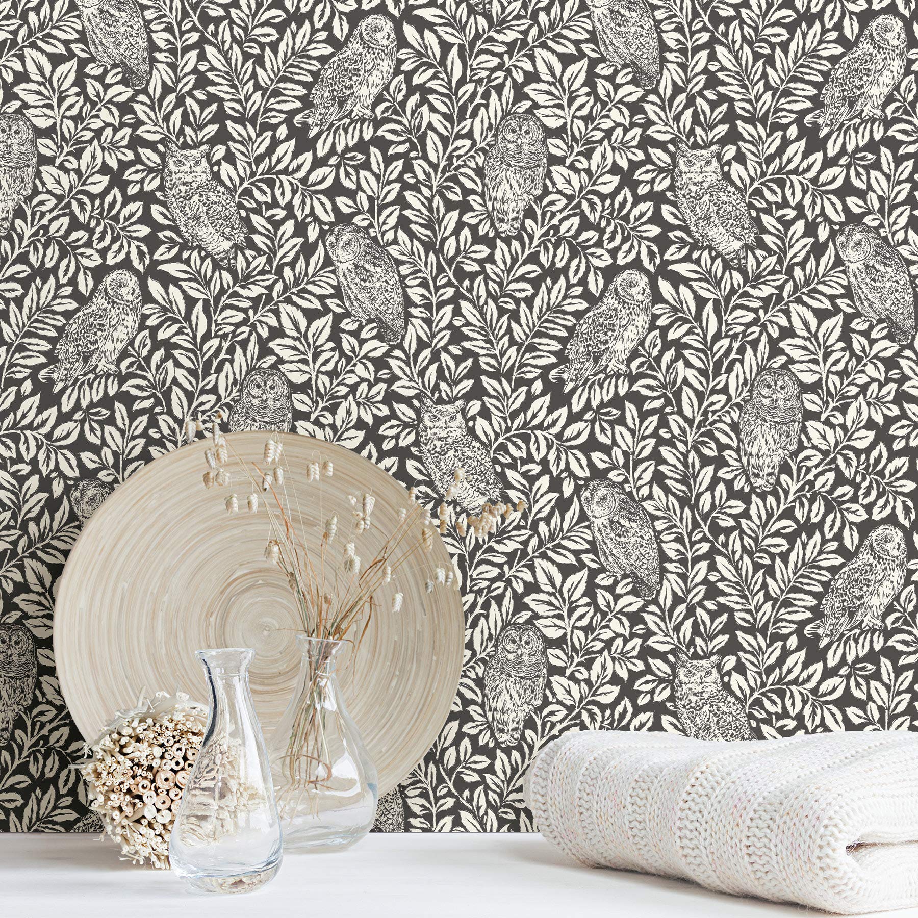 NuWallpaper NUS3625 Sleepy Owls Peel & Stick Wallpaper, Charcoal