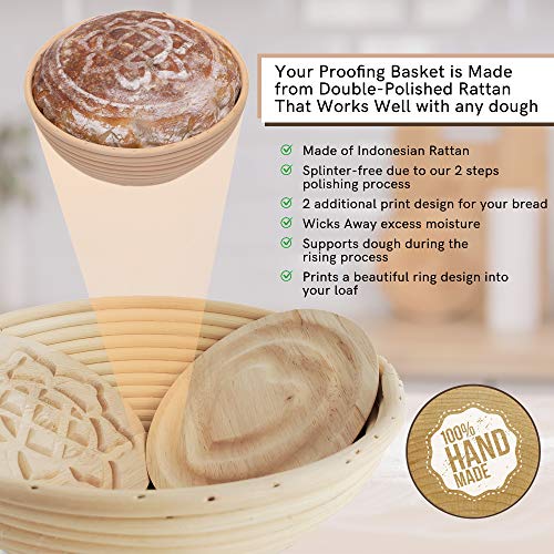 9 in Bread Proofing Basket Set - Make Sourdough Bread with our Banneton Basket and Removable Design Inserts Dough Scraper & Cloth Liner Gift for Bakers by Artizanka (Round Bottom Basket)
