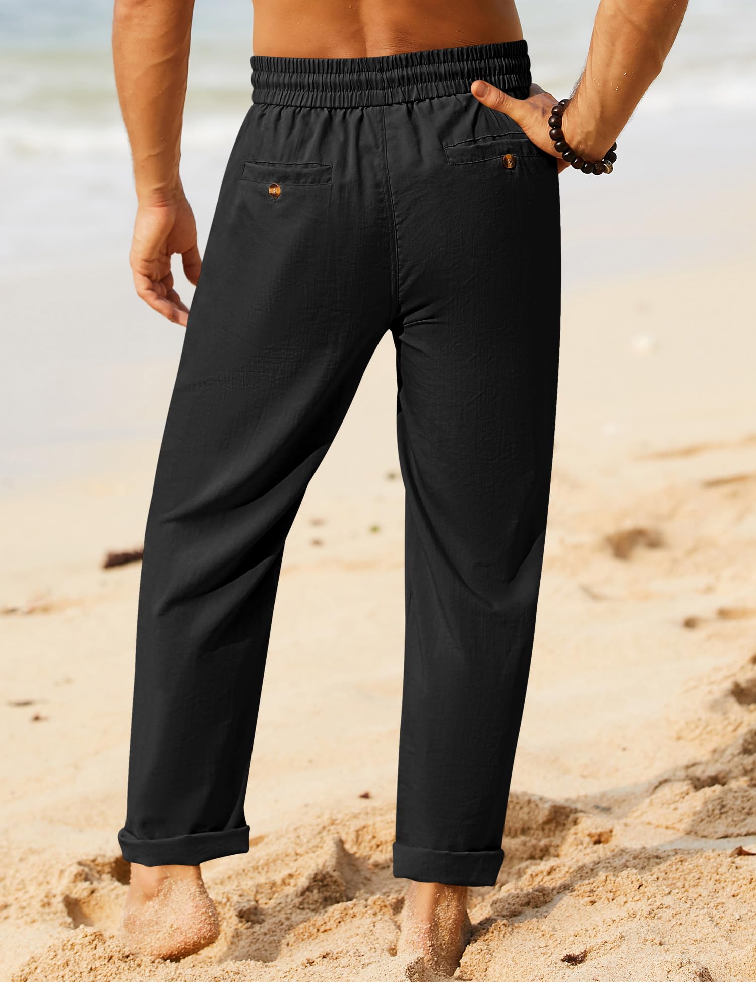 iWoo Mens Elastic Waist Drawstring Pants Summer Beach Pants Linen Yoga Pants Black XL